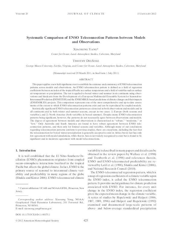 (PDF) Systematic Comparison of ENSO Teleconnection Patterns between Models and Observations