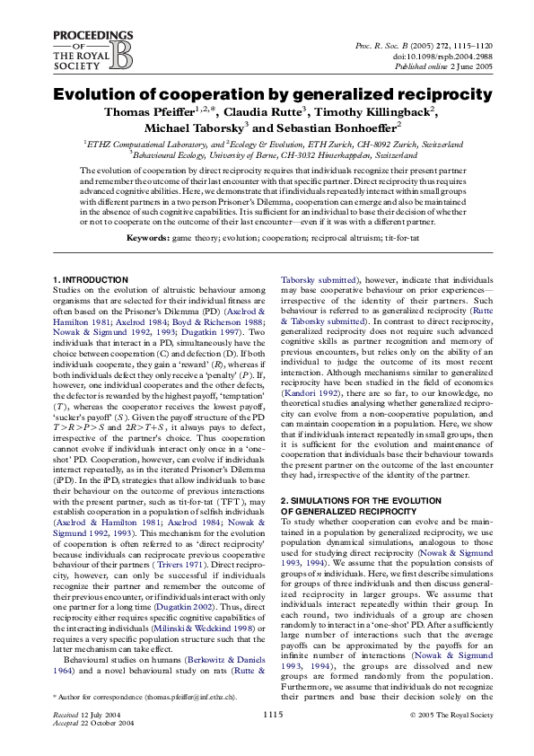 (PDF) Evolution of cooperation by generalized reciprocity