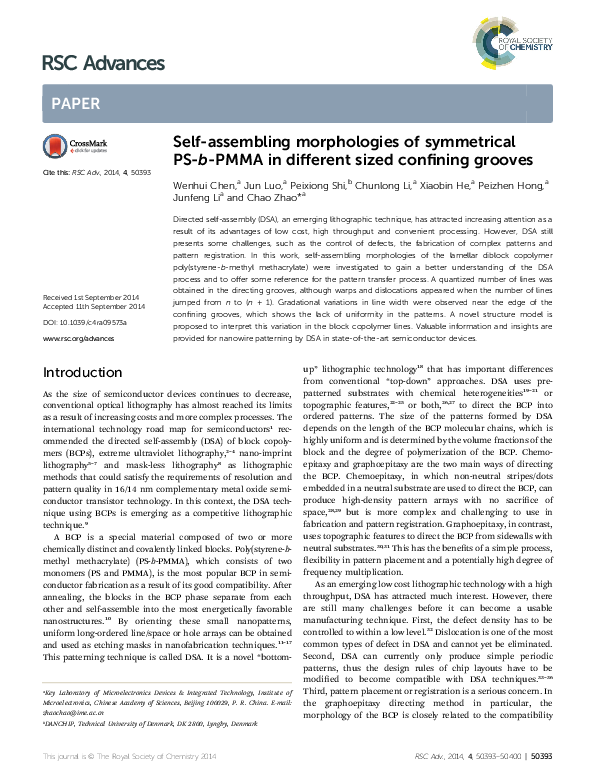 (PDF) Self-assembling morphologies of symmetrical PS-b-PMMA in different sized confining grooves