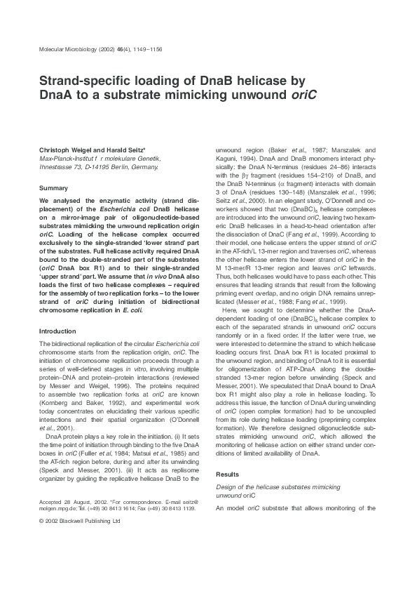 (PDF) DnaB Helicase Loading by DnaA on oriC Mimics