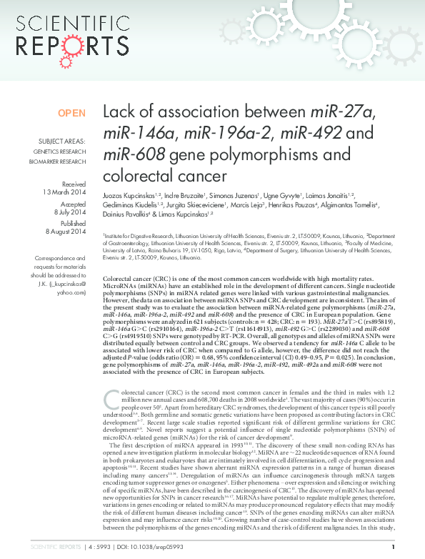 (PDF) Lack of association between miR-27a, miR-146a, miR-196a-2, miR-492 and miR-608 gene ...