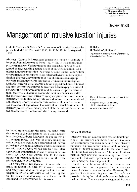 (PDF) Management of intrusive luxation injuries