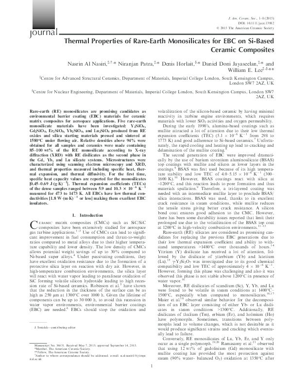 (PDF) Thermal properties of rare earth monosilicates for EBC on Si ...