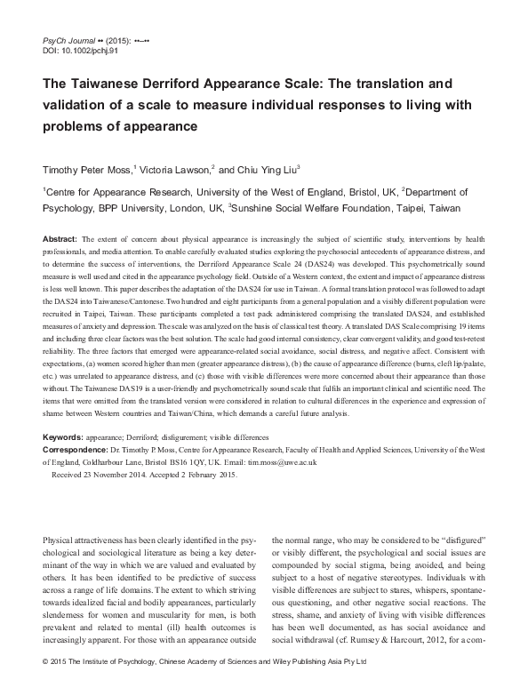 (PDF) The Taiwanese Derriford Appearance Scale: The translation and ...