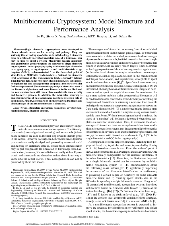 (PDF) Multibiometric Cryptosystem: Model Structure and Performance Analysis