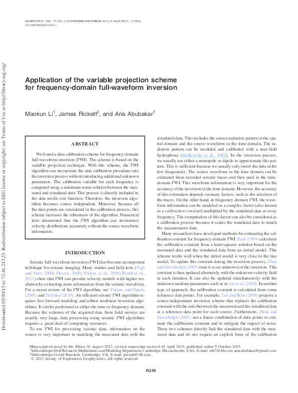 (PDF) Application of the variable projection scheme for frequency-domain full-waveform inversion