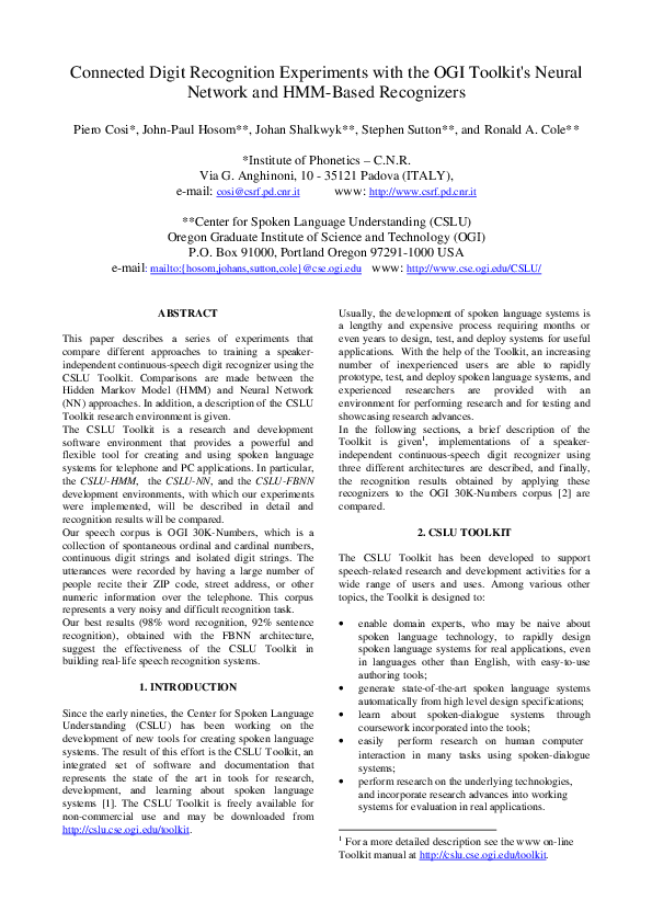 (PDF) Connected digit recognition experiments with the ogi toolkit's neural network and hmm ...