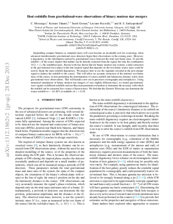 (PDF) Source Redshifts from Gravitational-Wave Observations of Binary Neutron Star Mergers