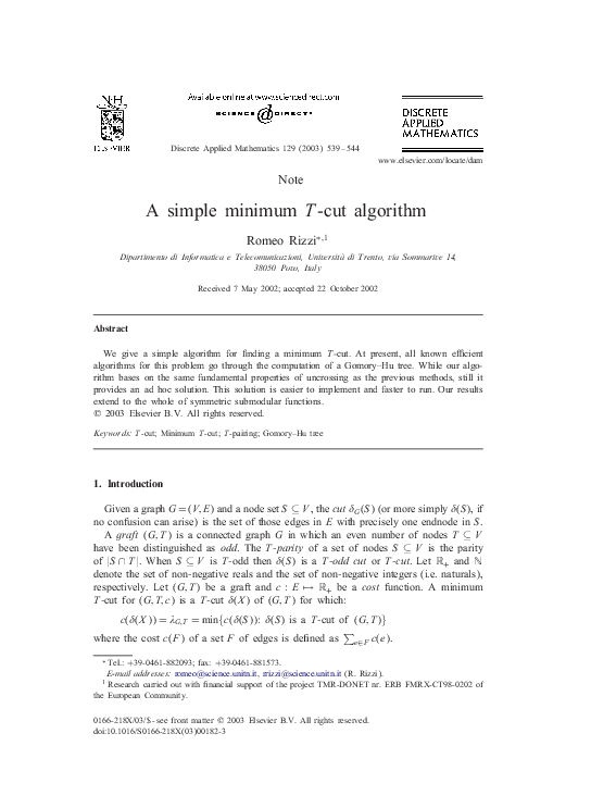 (PDF) A simple minimum T-cut algorithm