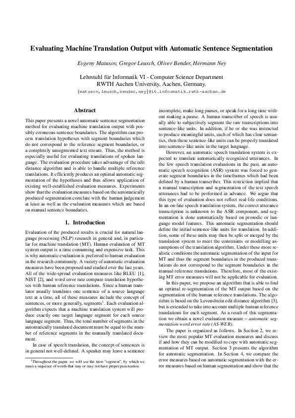 (PDF) Evaluating machine translation output with automatic sentence segmentation