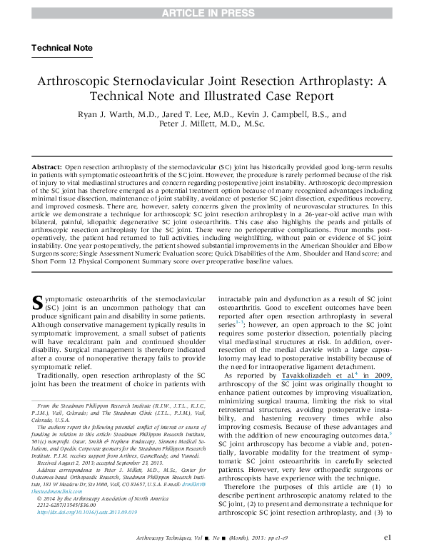 (PDF) Arthroscopic Sternoclavicular Joint Resection Arthroplasty: A ...