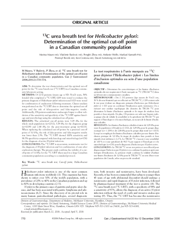 (PDF) Optimal Cut-Off for 13C Urea Breath Test in H. pylori Detection
