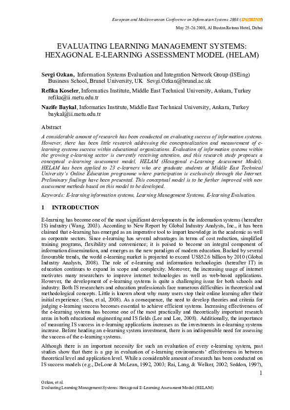 (PDF) Evaluating learning management systems: Hexagonal e-learning assessment model (HELAM)