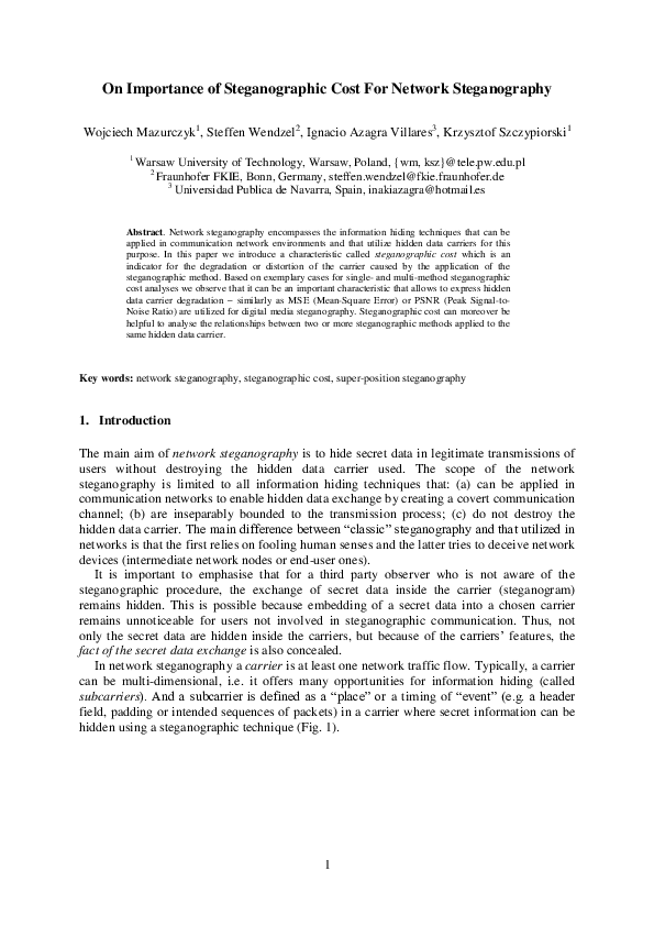 (PDF) On importance of steganographic cost for network steganography