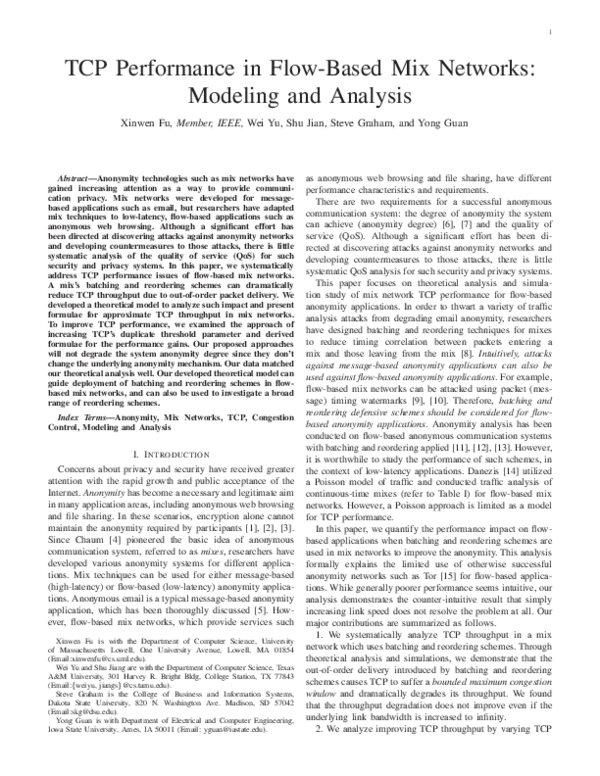 Pdf Tcp Performance In Flow Based Mix Networks Modeling And Analysis