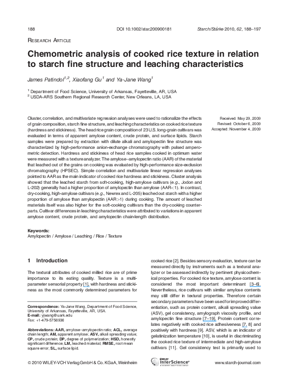 (PDF) Chemometric analysis of cooked rice texture in relation to starch fine structure and ...