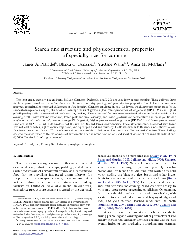 (PDF) Starch fine structure and physicochemical properties of specialty rice for canning