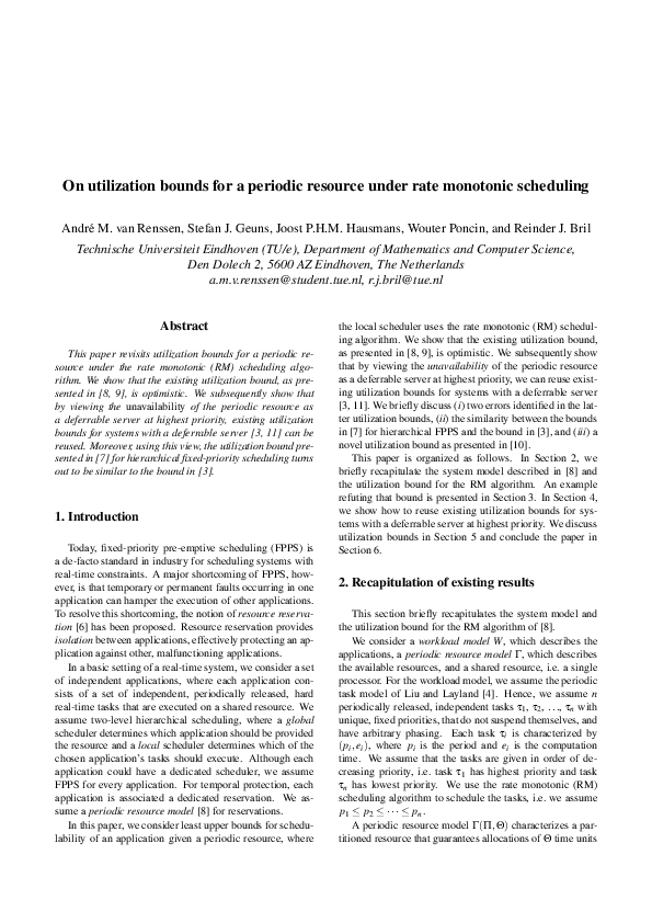 Pdf On Utilization Bounds For A Periodic Resource Under Rate Monotonic Scheduling Reinder