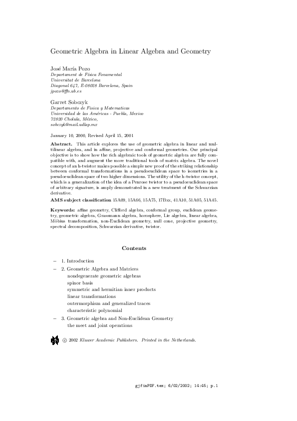 (PDF) Geometric algebra in linear algebra and geometry