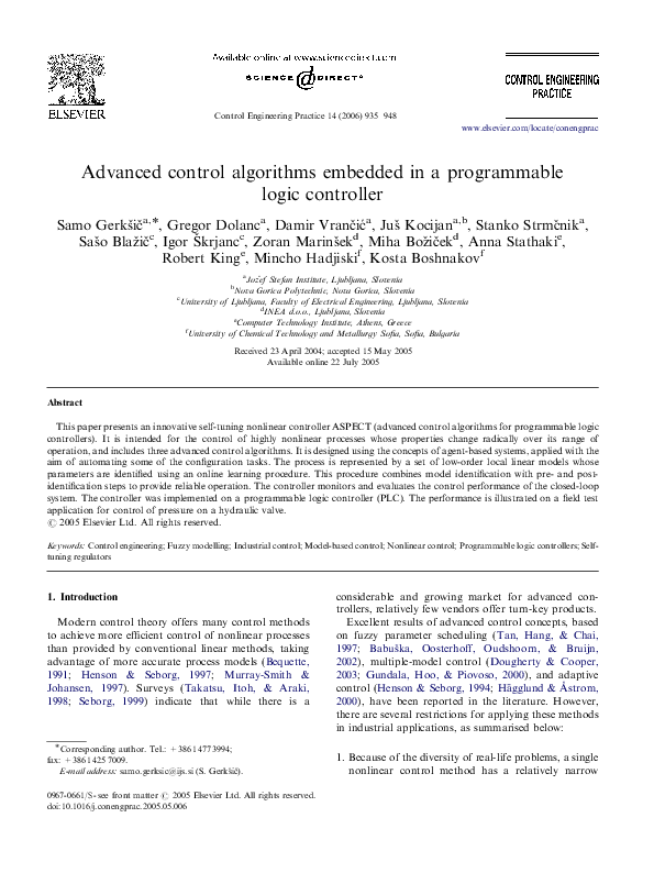Pdf Advanced Control Algorithms Embedded In A Programmable Logic Controller