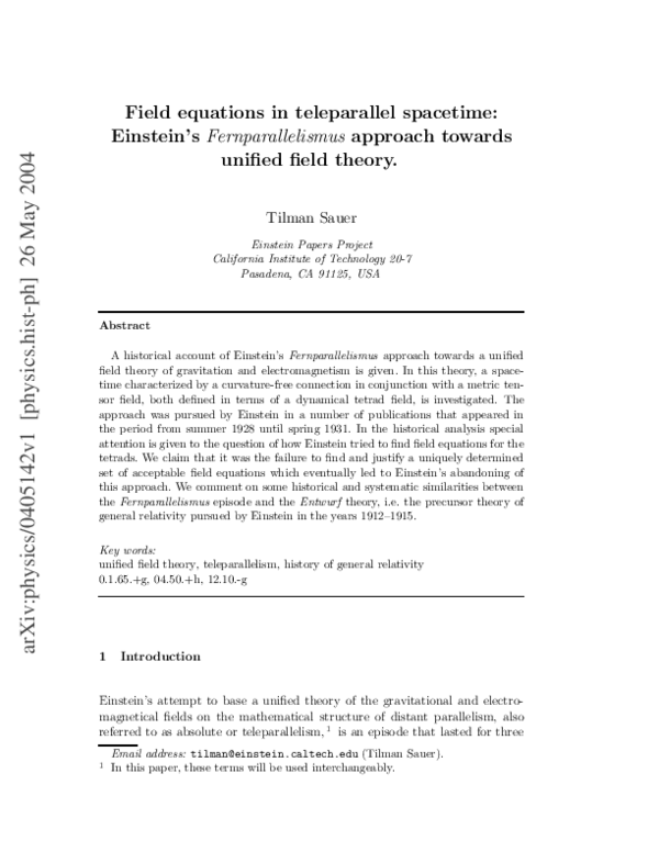 Pdf Field Equations In Teleparallel Space Time Einsteins Fernparallelismus Approach Toward