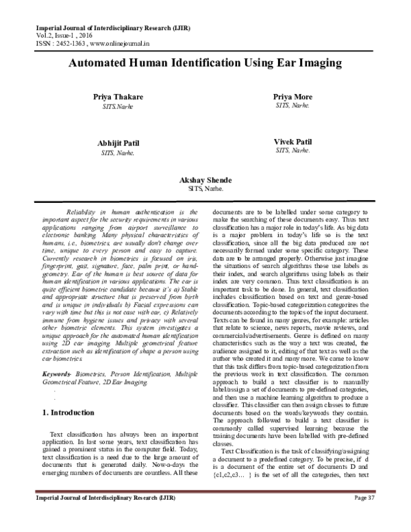 (PDF) Automated Human Identification Using Ear Imaging