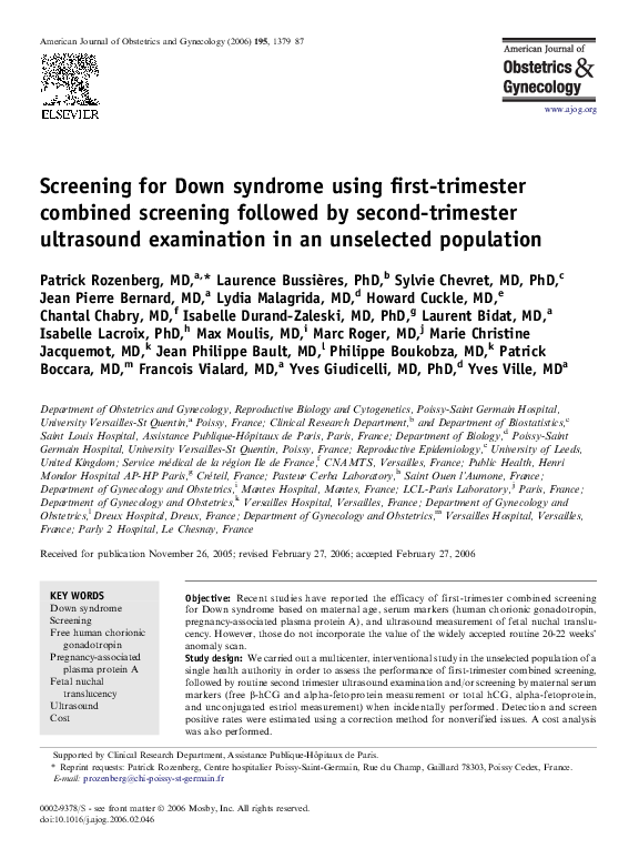(PDF) Screening for Down syndrome using first-trimester combined ...