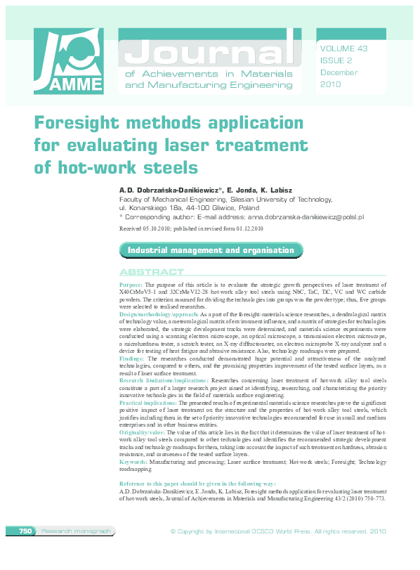 (PDF) Foresight methods application for evaluating laser treatment of hot-work steels