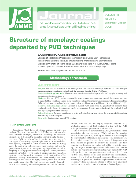 (PDF) Structure of monolayer coatings deposited by PVD techniques