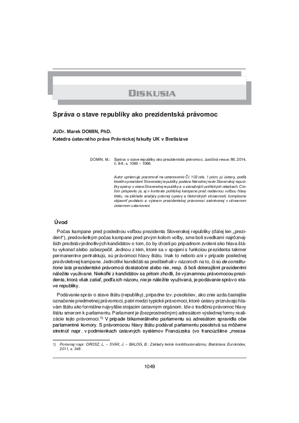 (PDF) Správa o stave republiky ako prezidentská právomoc / Report on a state of the Republic as ...