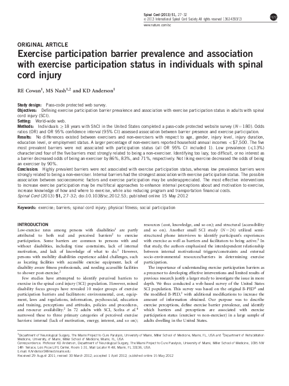 (PDF) Exercise participation barrier prevalence and association with ...