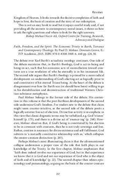 Review: Paul D. Molnar. "Faith, Freedom and the Spirit: The Economic ...