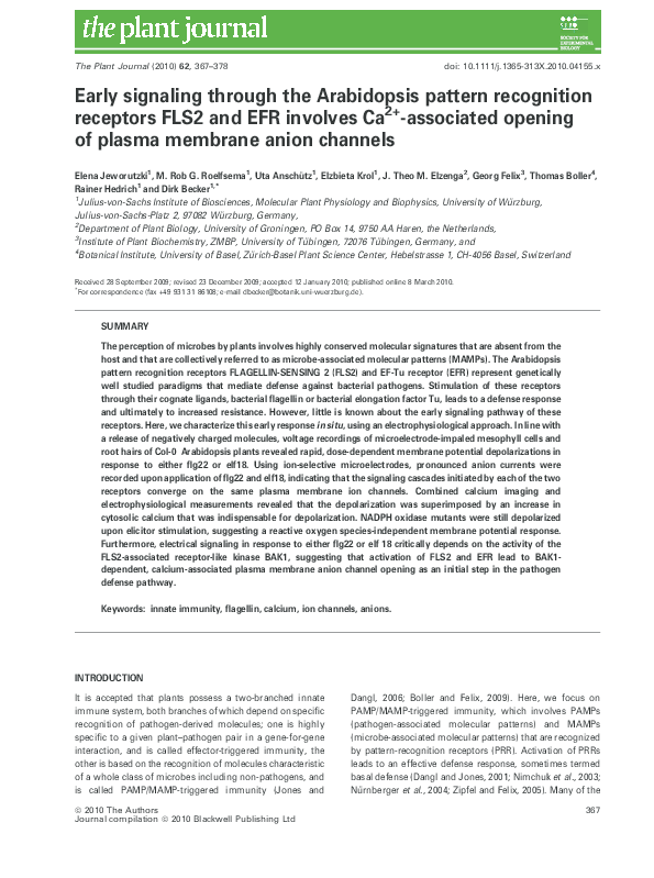 (PDF) Early signaling through the Arabidopsis pattern recognition ...