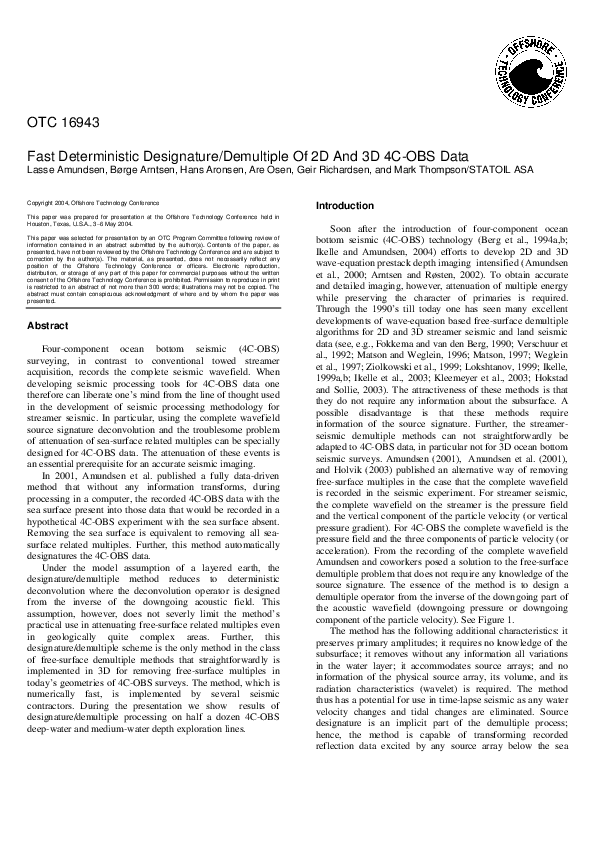 (PDF) Fast Deterministic Designature/Demultiple Of 2D And 3D 4C-OBS Data