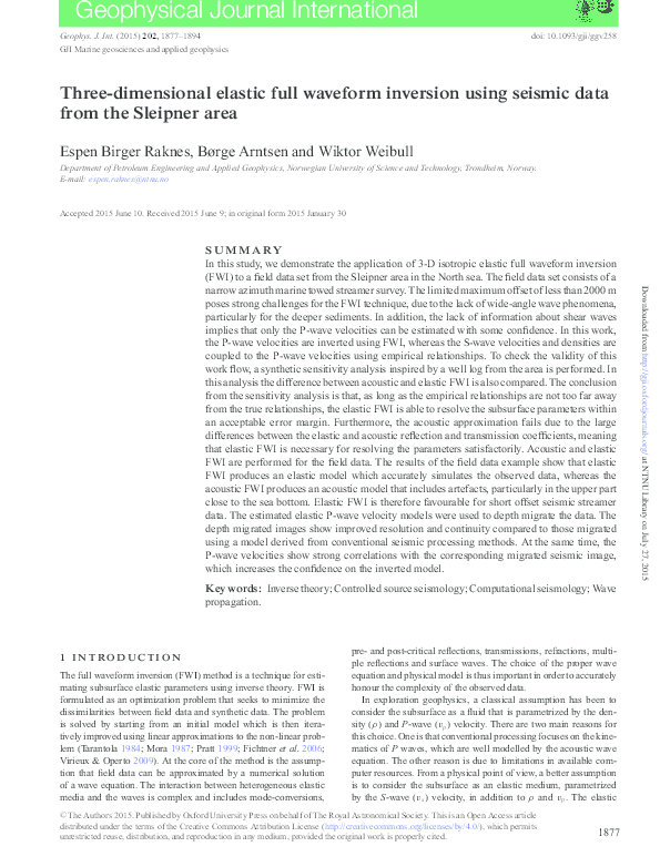 Pdf Three Dimensional Elastic Full Waveform Inversion Using Seismic Data From The Sleipner Area