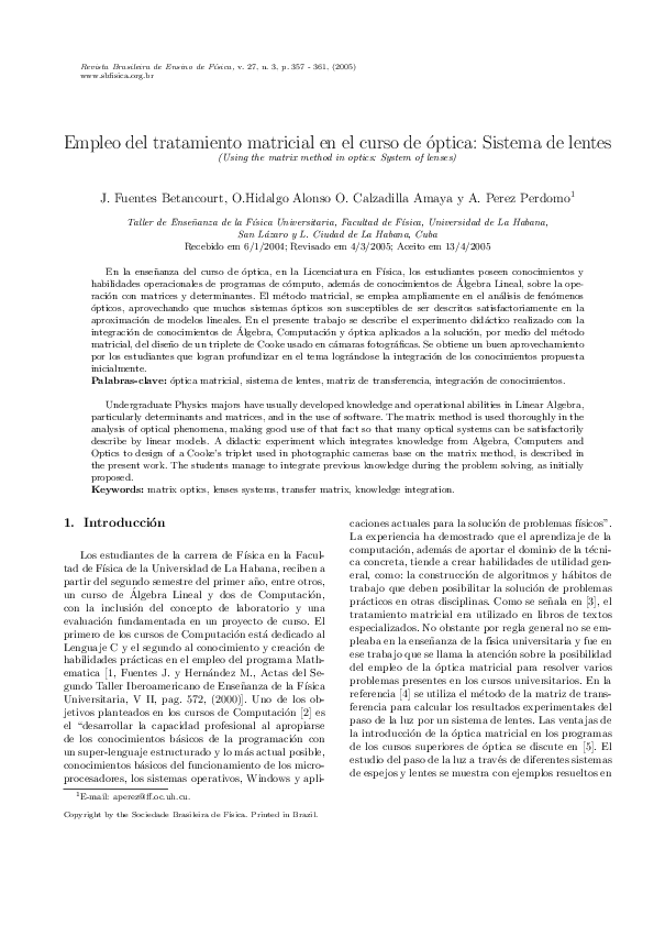 (PDF) Using the matrix method in optics: system of lenses