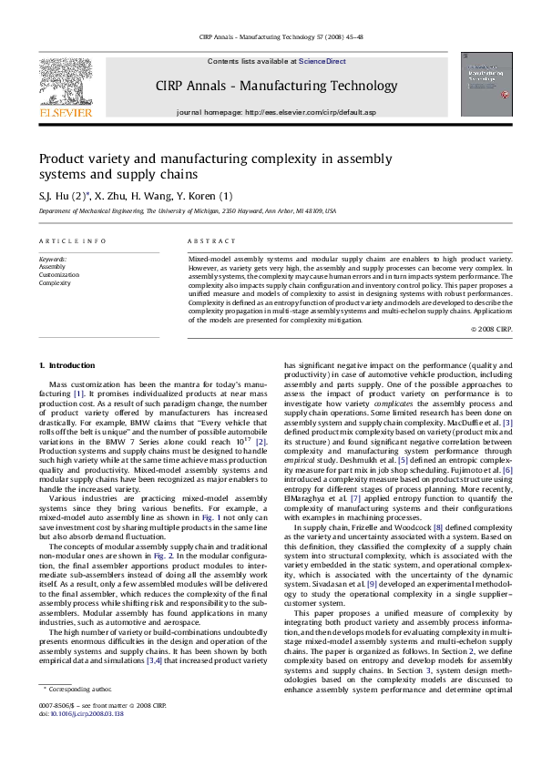 (PDF) Product variety and manufacturing complexity in assembly systems ...