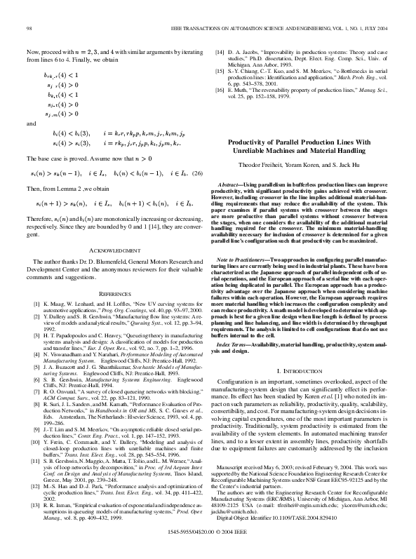 Pdf Productivity Of Parallel Production Lines With Unreliable Machines And Material Handling