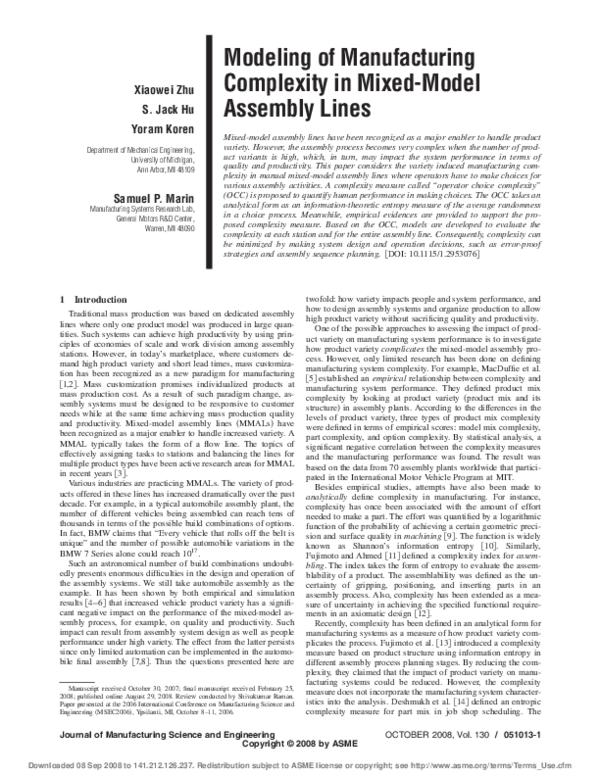 Pdf Modeling Of Manufacturing Complexity In Mixed Model Assembly Lines