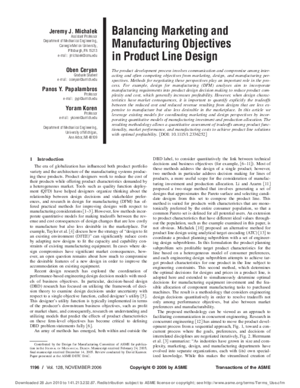 (PDF) Balancing Marketing and Manufacturing Objectives in Product Line ...