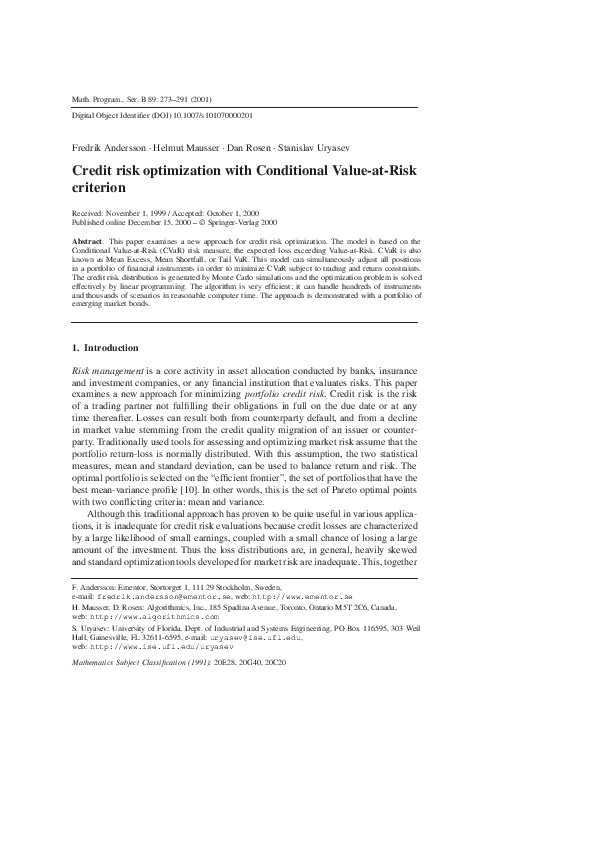 (PDF) Credit risk optimization with Conditional Value-at-Risk criterion
