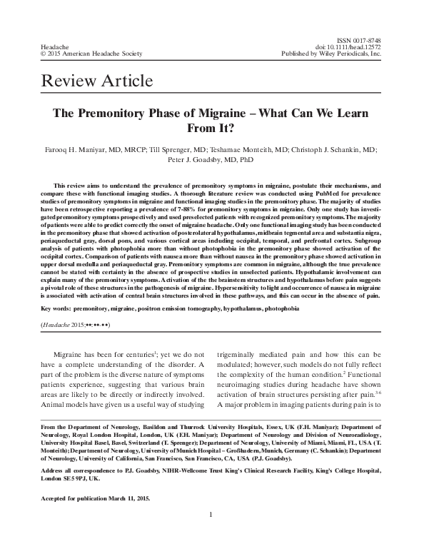 (PDF) The Premonitory Phase of Migraine - What Can We Learn From It?