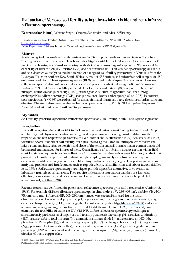 (PDF) Evaluation of Vertosol soil fertility using ultra-violet, visible ...