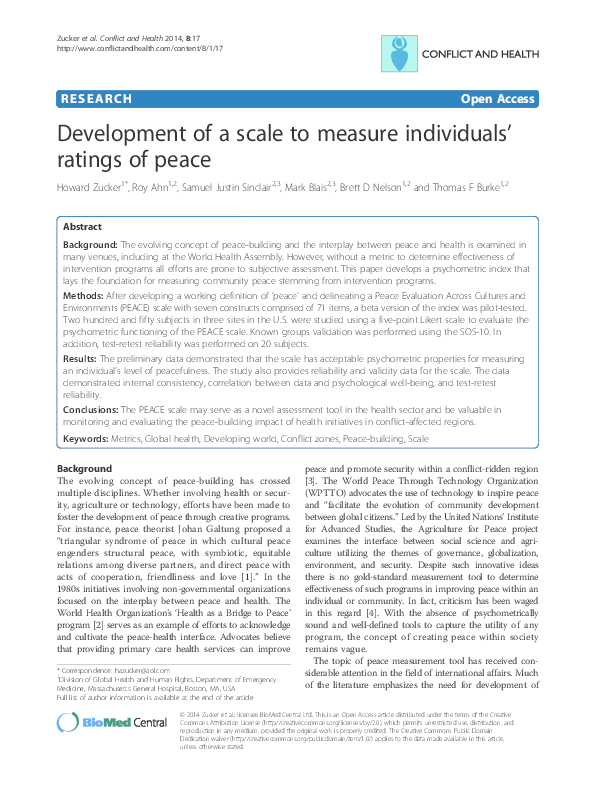 (PDF) Development of a scale to measure individuals’ ratings of peace