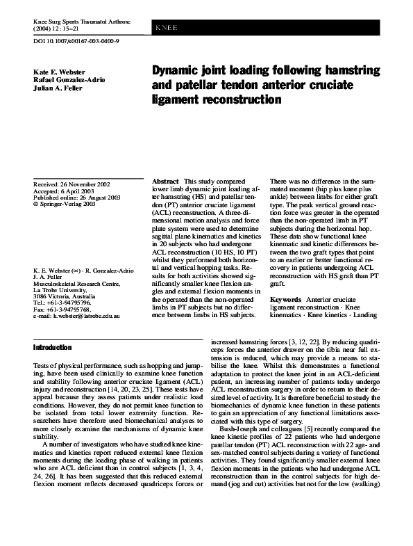(PDF) Dynamic joint loading following hamstring and patellar tendon ...