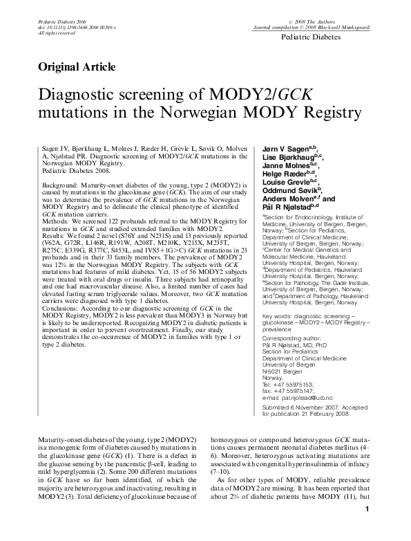 (PDF) Diagnostic screening of MODY2/ GCK mutations in the Norwegian ...