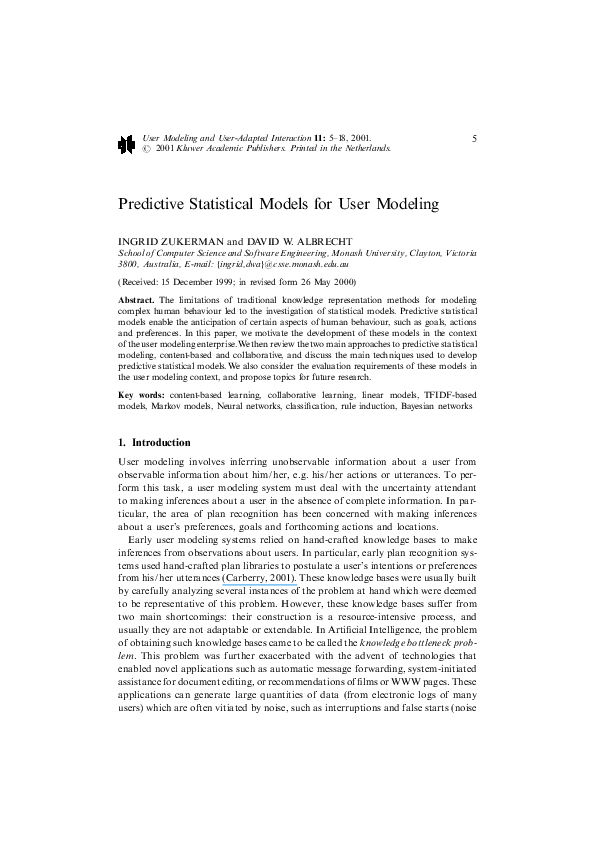 (PDF) Predictive statistical models for user modeling