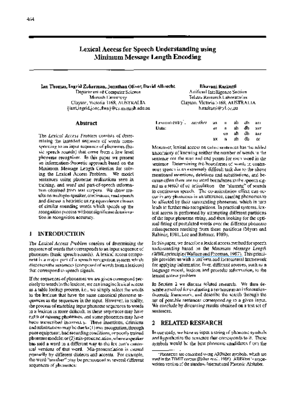 (PDF) Lexical access for speech understanding using Minimum Message Length encoding | David ...