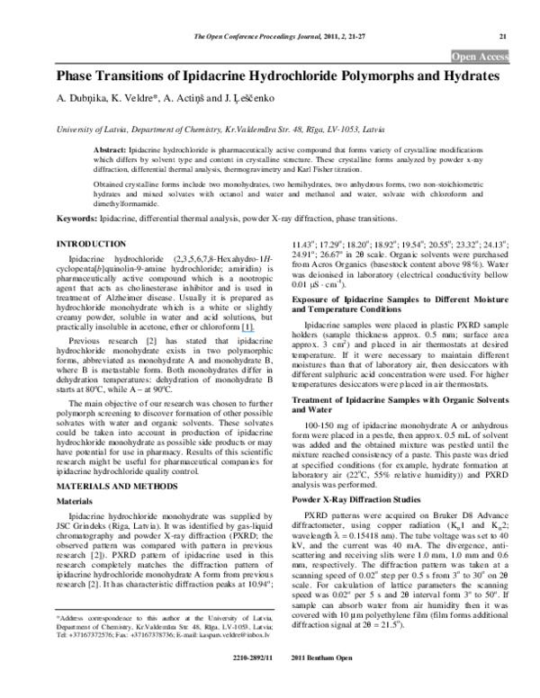 (PDF) Phase Transitions of Ipidacrine Hydrochloride Polymorphs and Hydrates