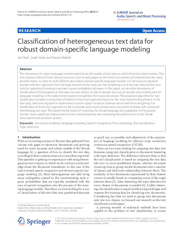 (PDF) Classification of heterogeneous text data for robust domain-specific language modeling